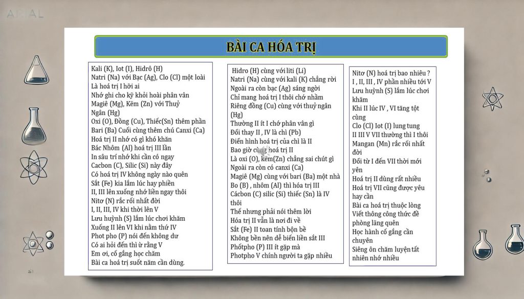 Bài ca hóa trị lớp 8, Bài ca nguyên tử khối 1, Bài ca kí hiệu hóa học